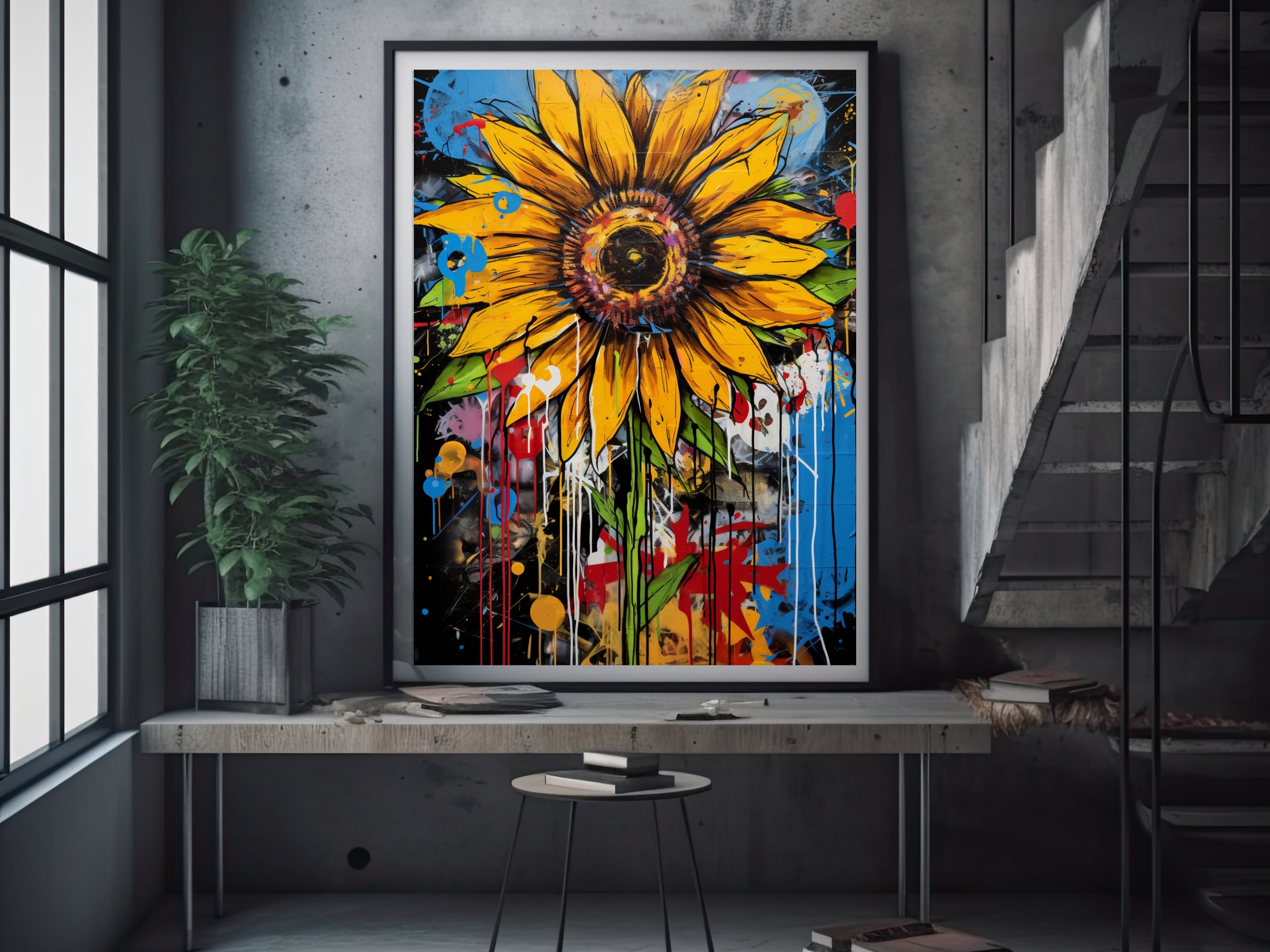 Sunflower Graffiti Wall Art, Botanical Digital Art Print, Flower ...