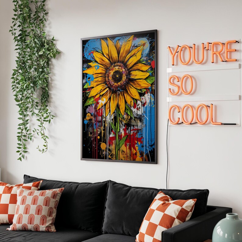Sunflower Graffiti Wall Art, Botanical Digital Art Print, Flower ...