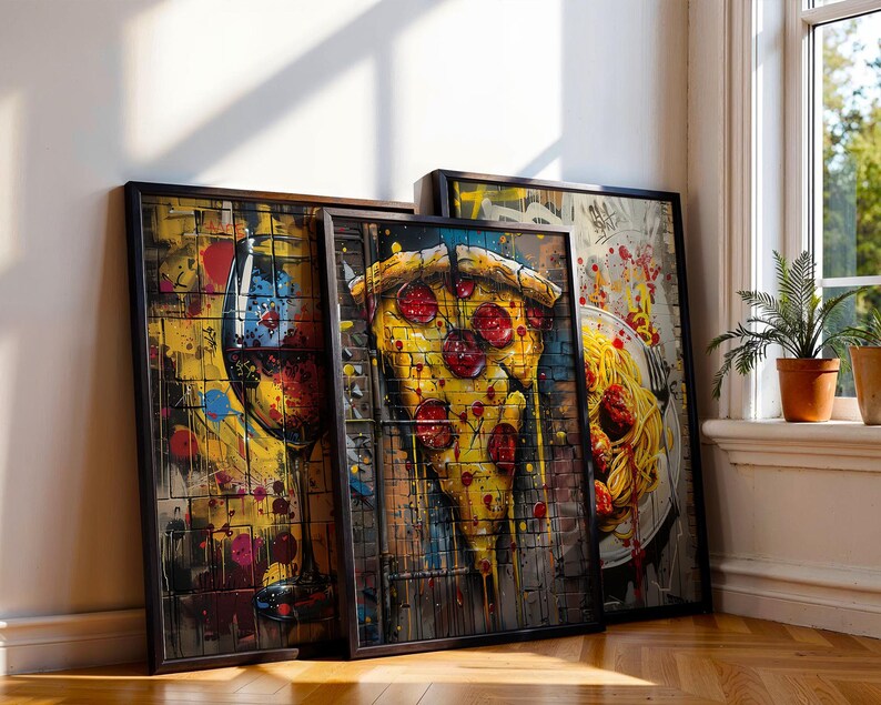 Food Graffiti Gallery Wall Set, Set of 3, Pizza, Spaghetti, Wine, Bold ...