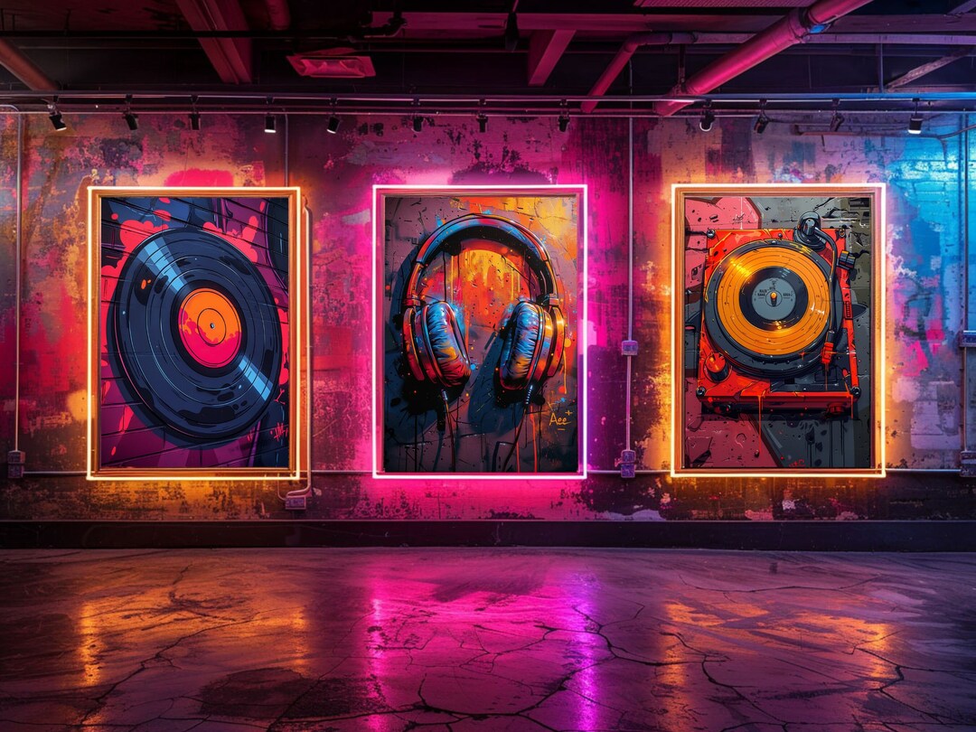 Music Graffiti Gallery Wall Set, Set of 3, Headphones, Vinyl Player ...
