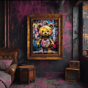 Banksy-inspired Teddy Bear Graffiti, Vibrant Urban Street Art, Modern ...