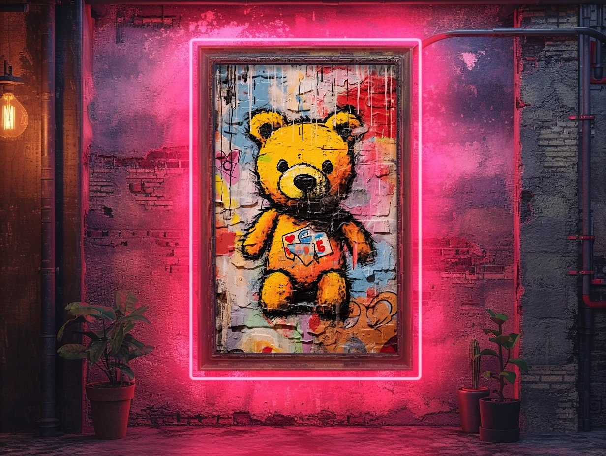 Colorful Teddy Bear Graffiti Wall Art, Cute Brown Bear Graffiti Print ...