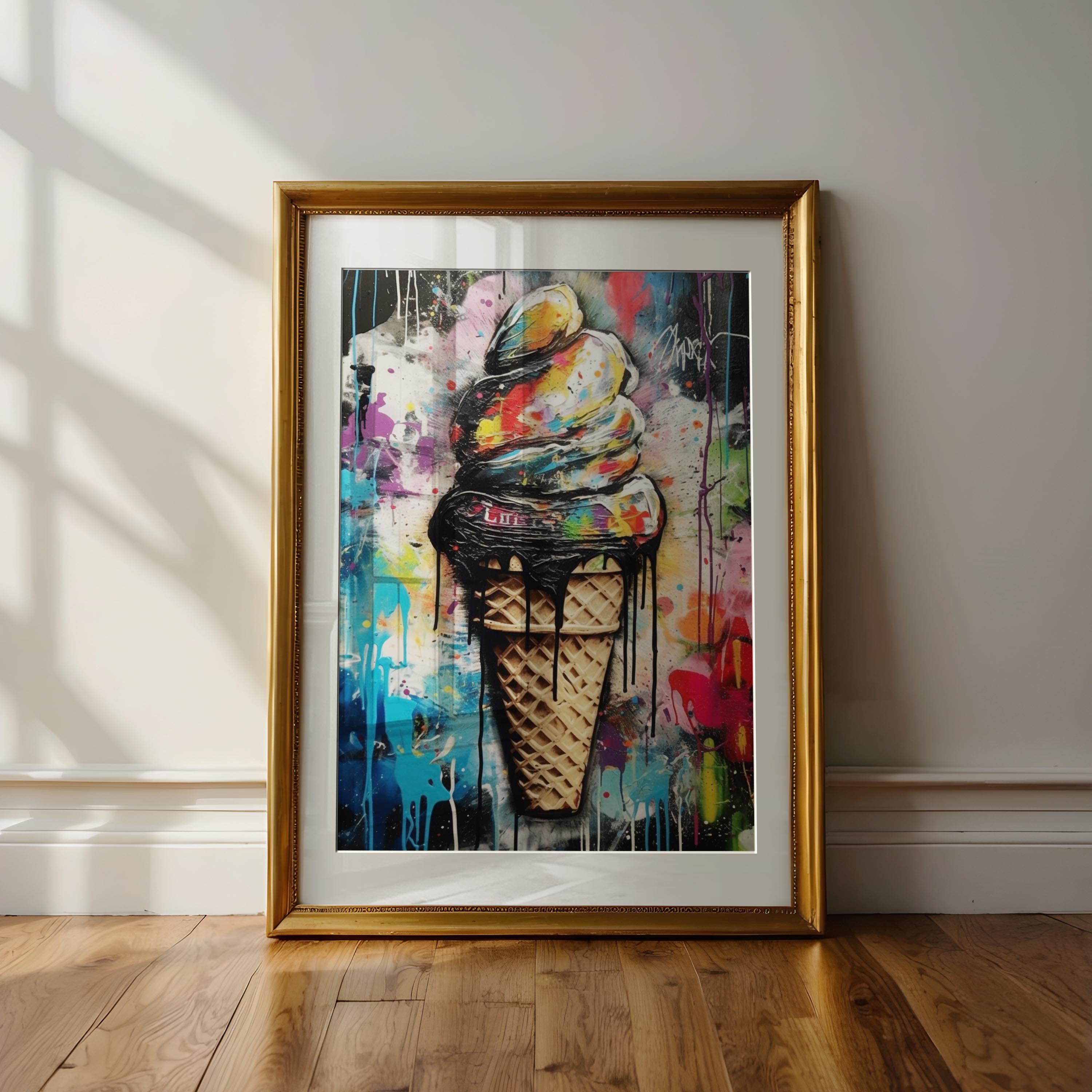 Urban Vanilla Ice Cream Cone Graffiti, Vibrant Street Art Digital Print ...