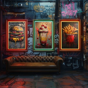 Set of 3 Graffiti Food Art Prints, Hamburger, French Fries, Milkshake ...