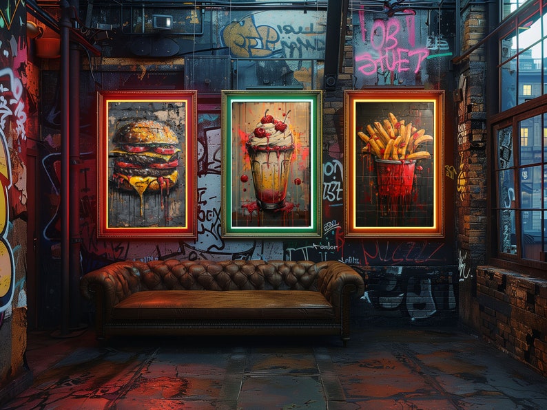 Set of 3 Graffiti Food Art Prints, Hamburger, French Fries, Milkshake ...