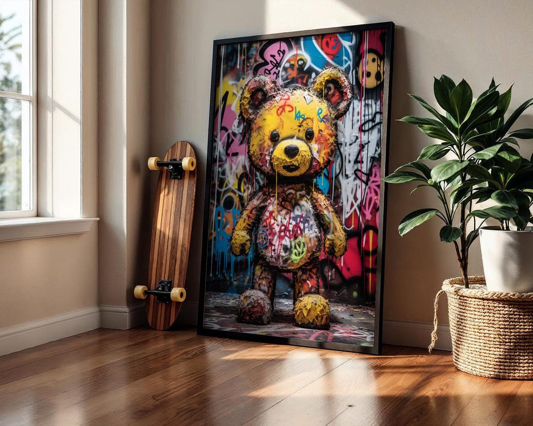Banksy-inspired Teddy Bear Graffiti, Vibrant Urban Street Art, Modern ...