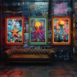 Set of 3 Graffiti Sea Art Prints, Octopus, Starfish, Jellyfish, Bold ...