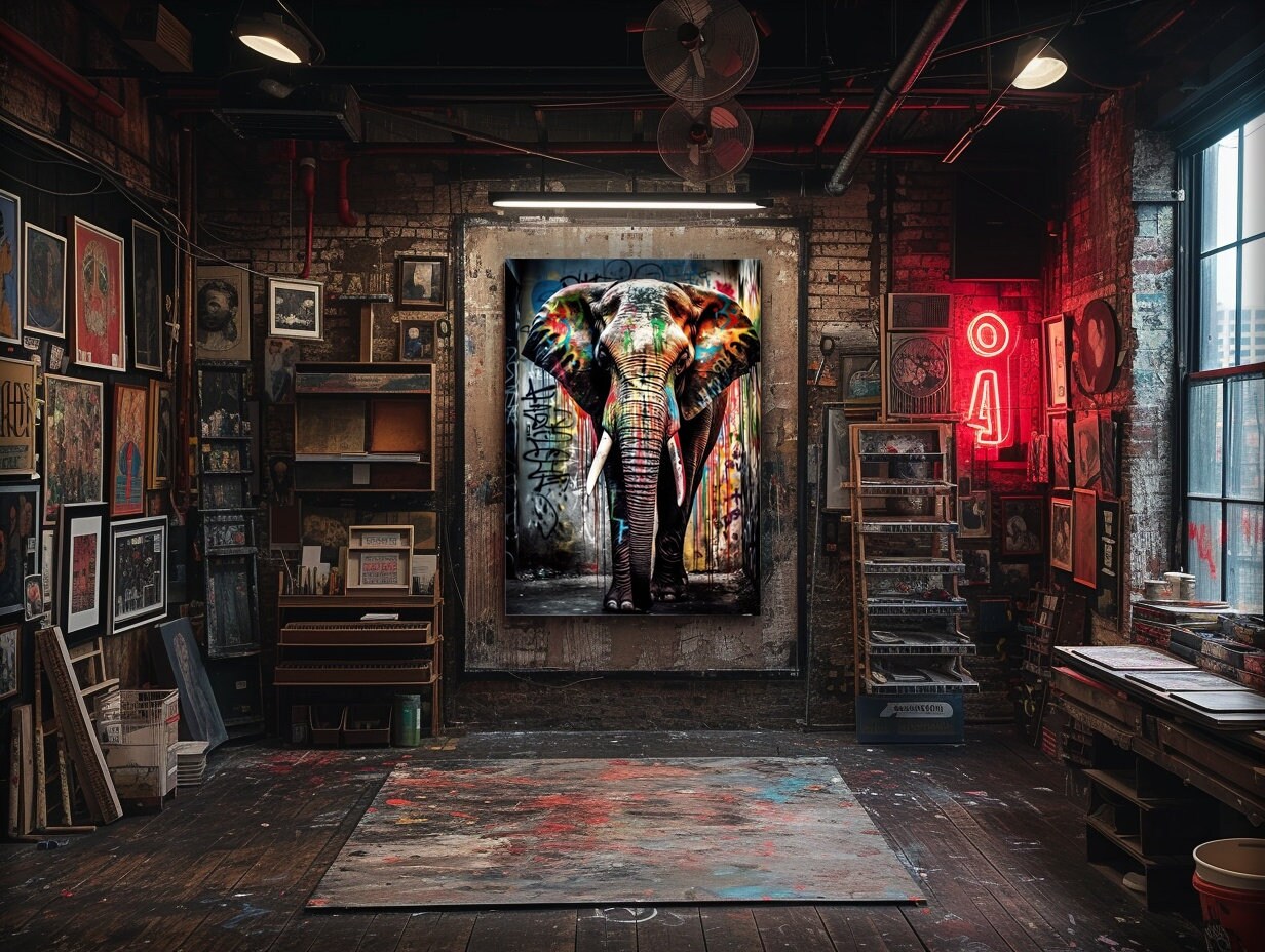 Elefant Graffiti Wandkunst, bedruckbares digitales Bild, Bunter Elefant-Wand-Dekor, Tier ...