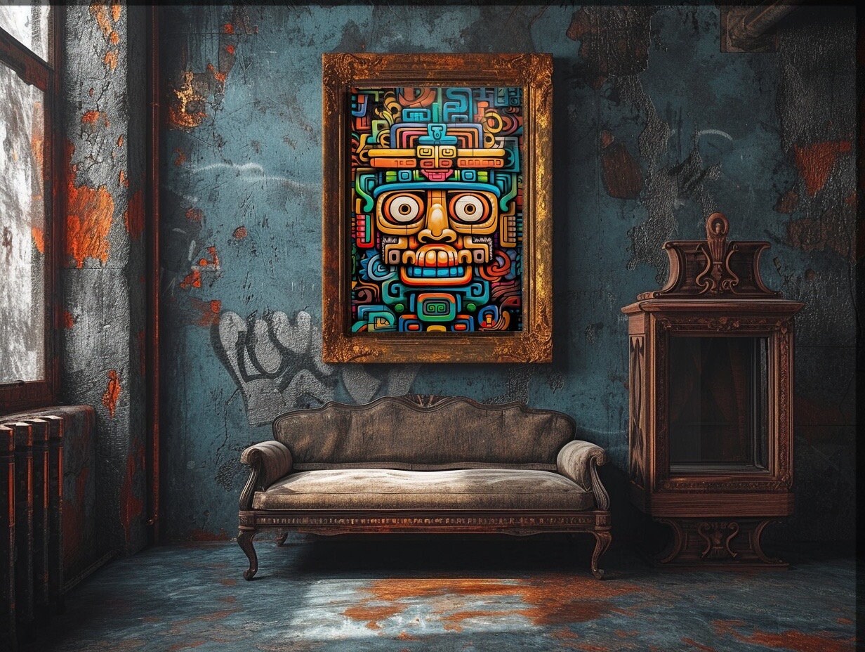 Aztec Face Graffiti Wall Art, Digital Download, Aztec Mythology Wall ...