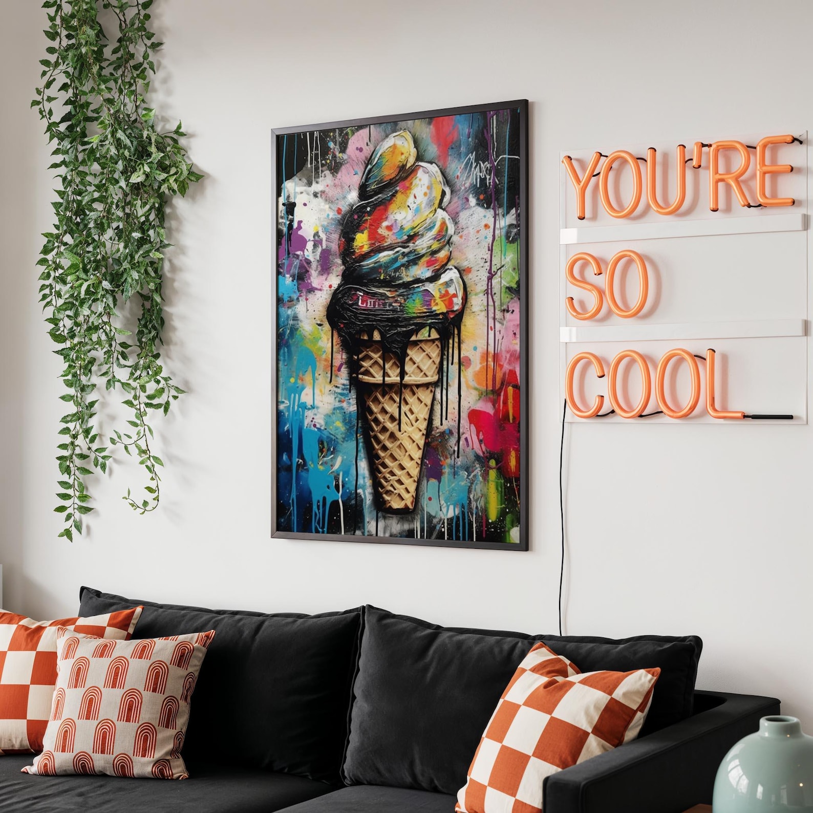 Urban Vanilla Ice Cream Cone Graffiti, Vibrant Street Art Digital Print ...