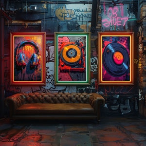 Music Graffiti Gallery Wall Set, Set of 3, Headphones, Vinyl Player ...