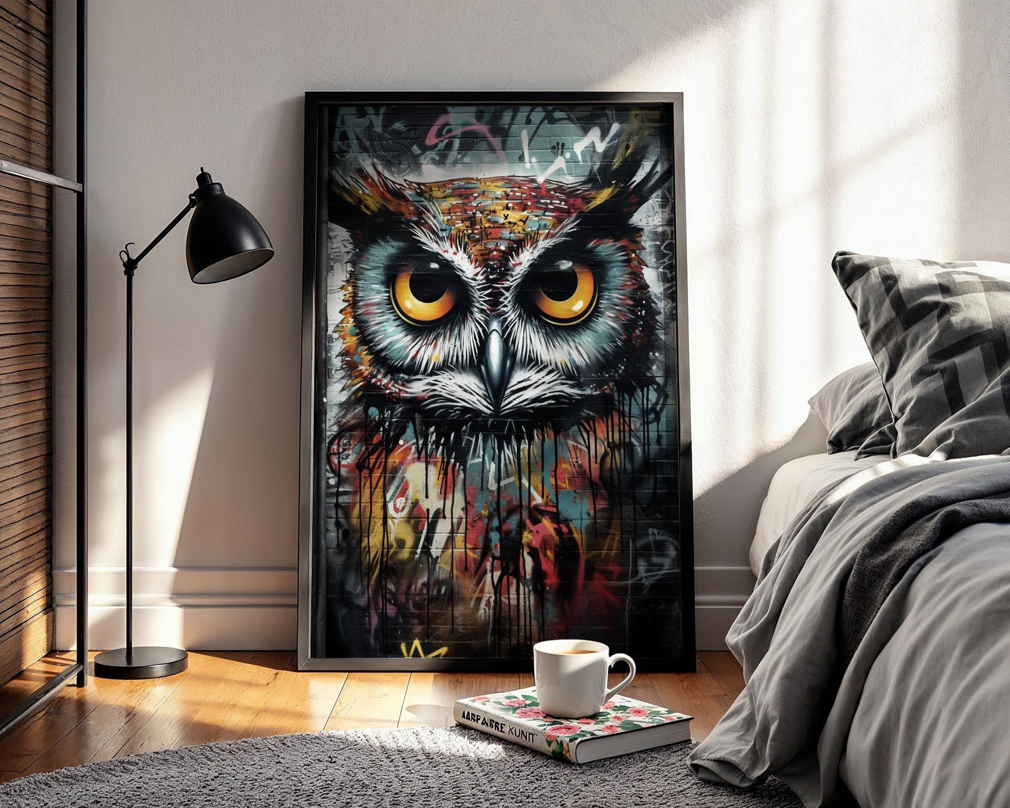 Colorful Owl Street Graffiti Art, Modern Urban Bird Wall Decor, Digital ...