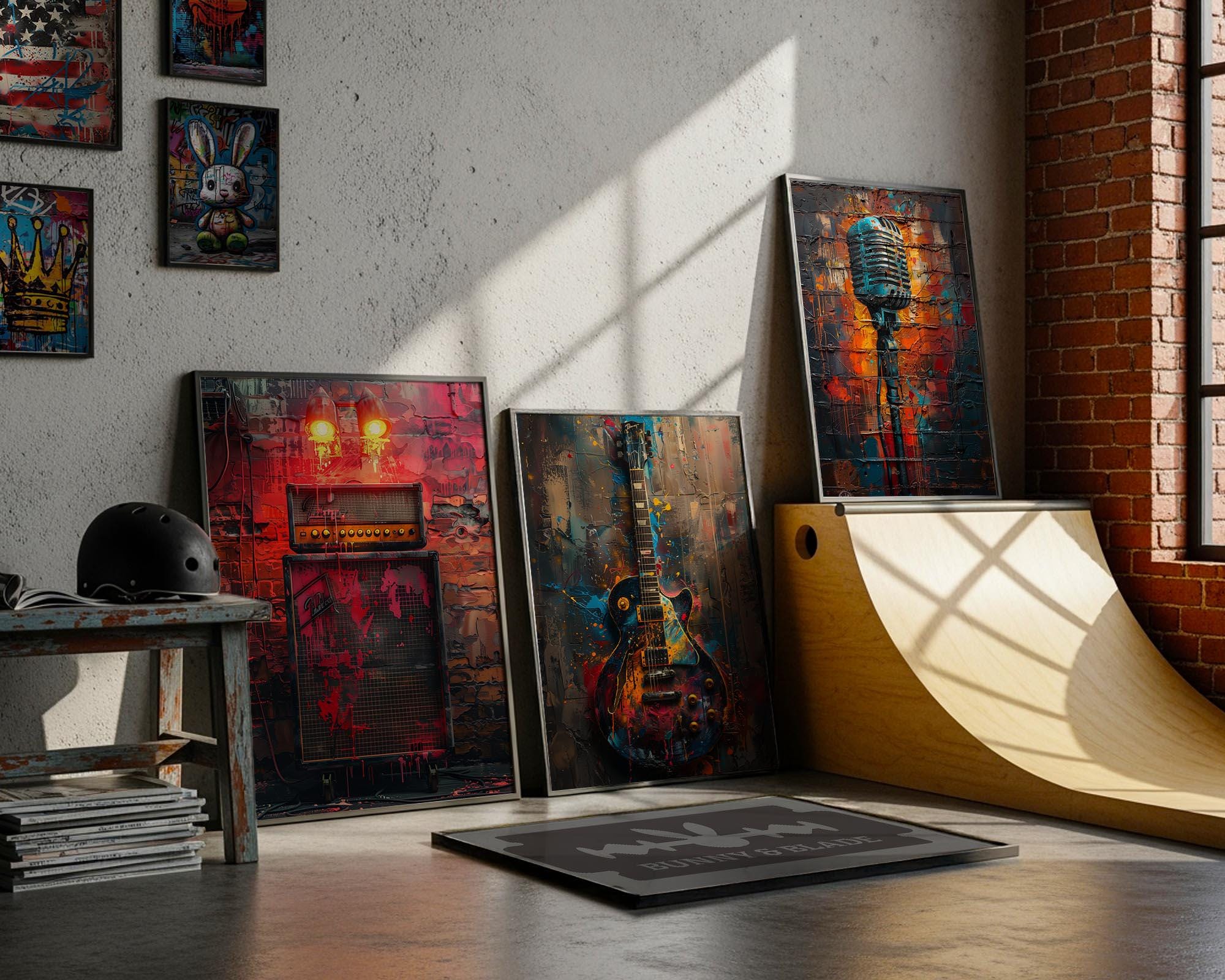 Set of 3 Music Graffiti Art Prints: Guitar, Amp & Microphone - Vibrant ...