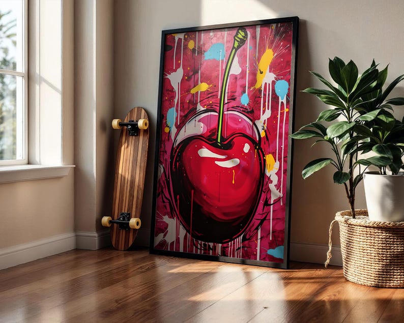 Red Cherry Graffiti Wall Art, Printable Digital, Colorful Fruit Wall ...