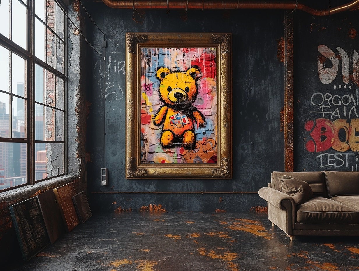 Colorful Teddy Bear Graffiti Wall Art, Cute Brown Bear Graffiti Print ...