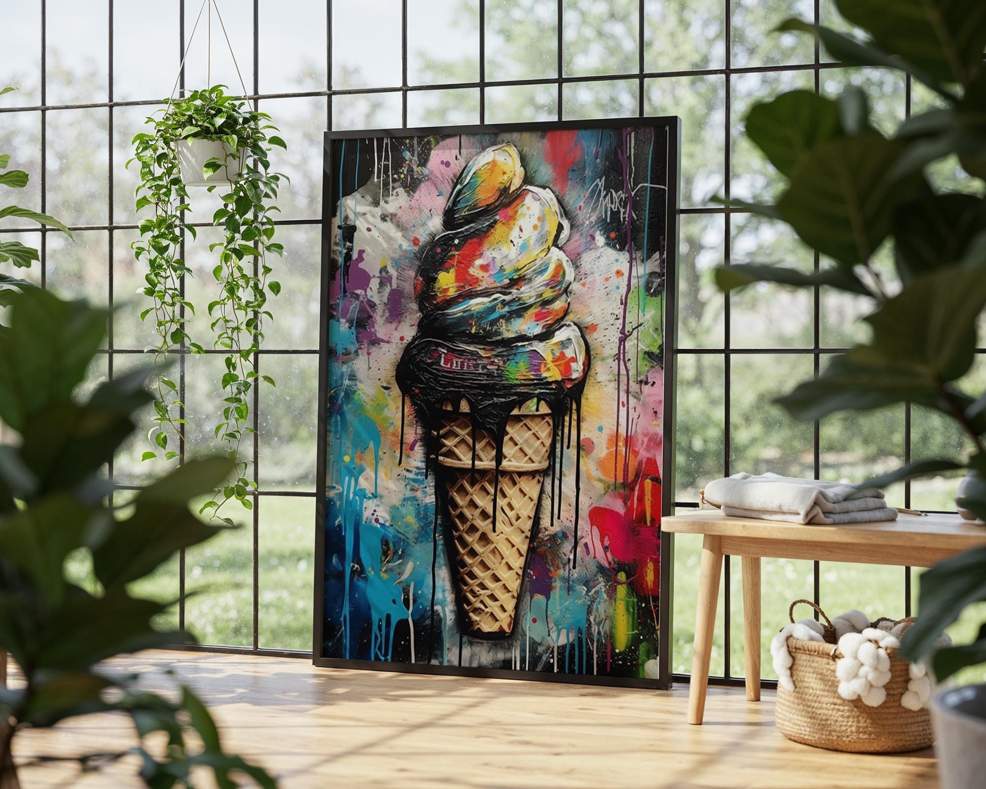 Urban Vanilla Ice Cream Cone Graffiti, Vibrant Street Art Digital Print ...