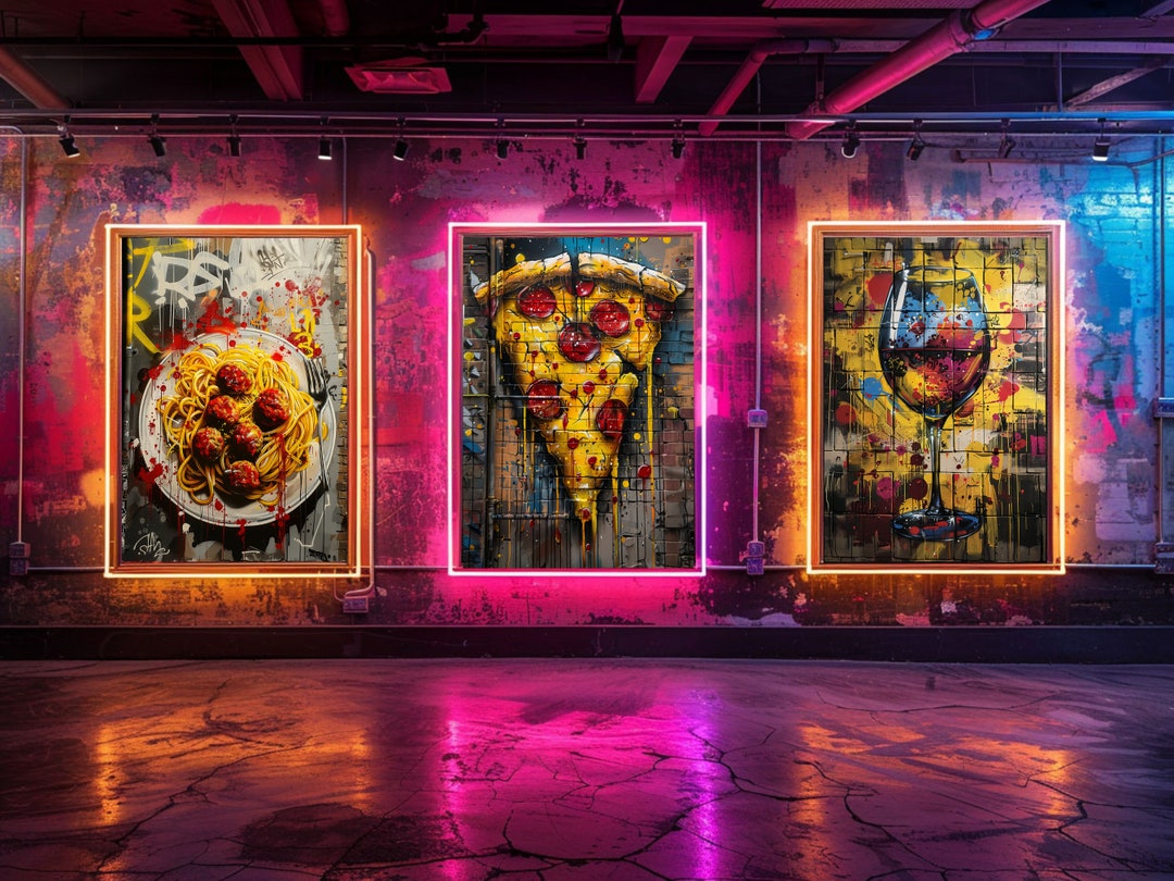 Food Graffiti Gallery Wall Set, Set of 3, Pizza, Spaghetti, Wine, Bold ...