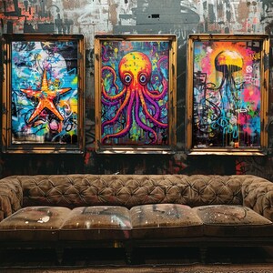 Set of 3 Graffiti Sea Art Prints, Octopus, Starfish, Jellyfish, Bold ...