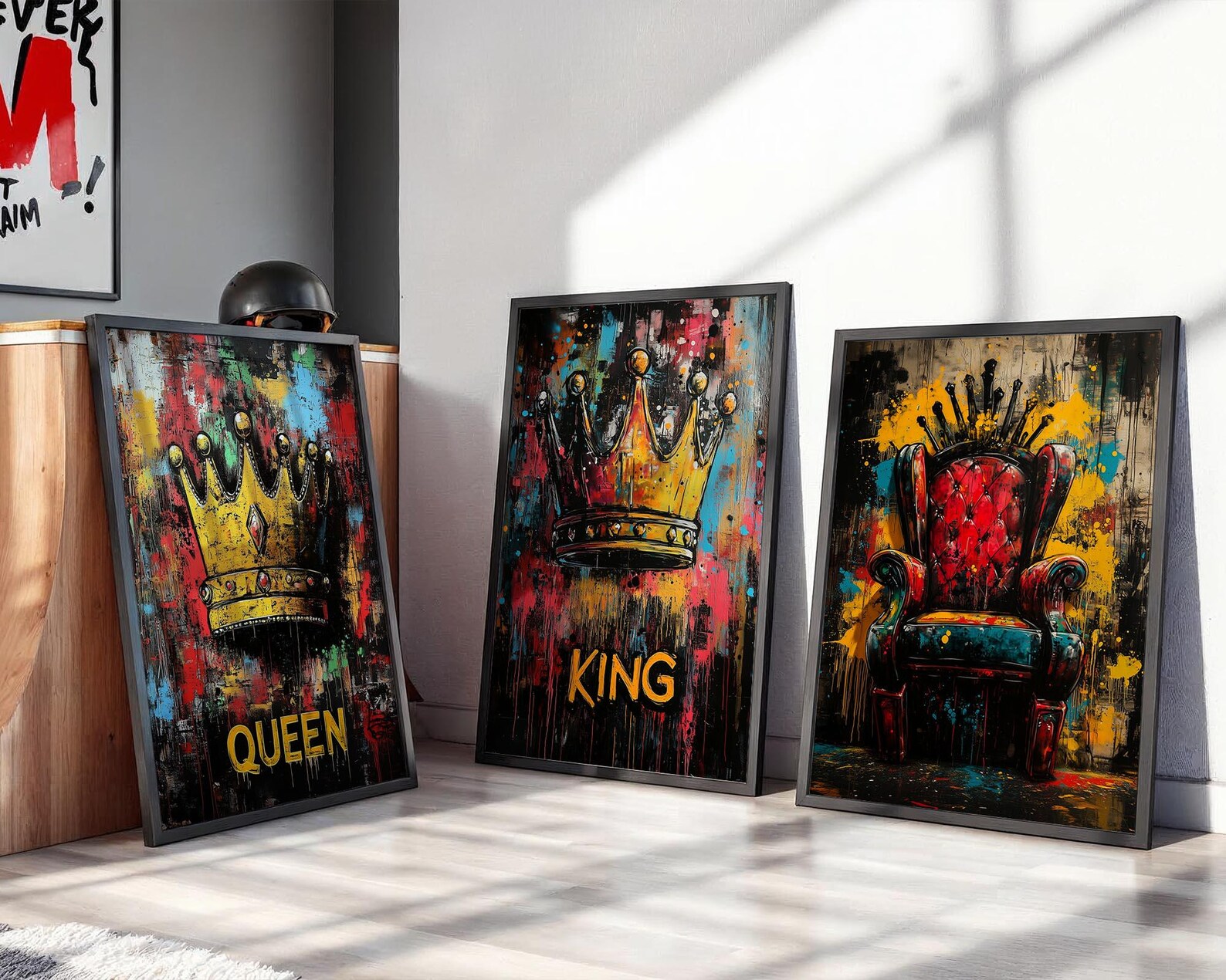 Crown Graffiti Wall Art Set of 3, King Queen Throne Prints, Urban ...