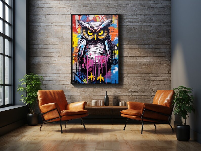 Night Owl Graffiti Wall Art, Colorful Urban Street Bird Decor, Modern ...