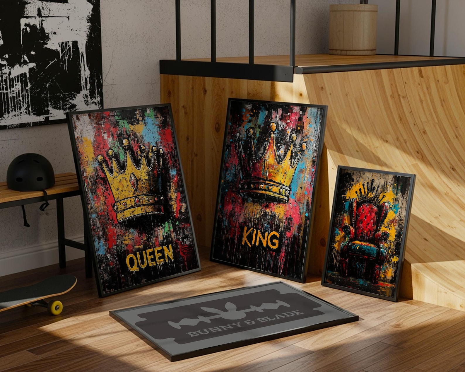 Crown Graffiti Wall Art Set of 3, King Queen Throne Prints, Urban ...