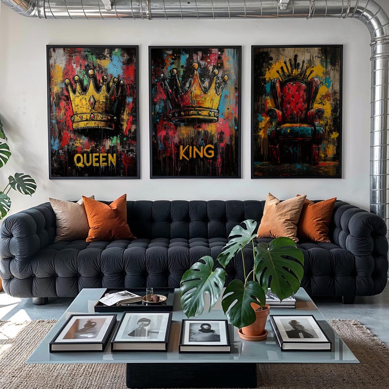 Crown Graffiti Wall Art Set of 3, King Queen Throne Prints, Urban ...