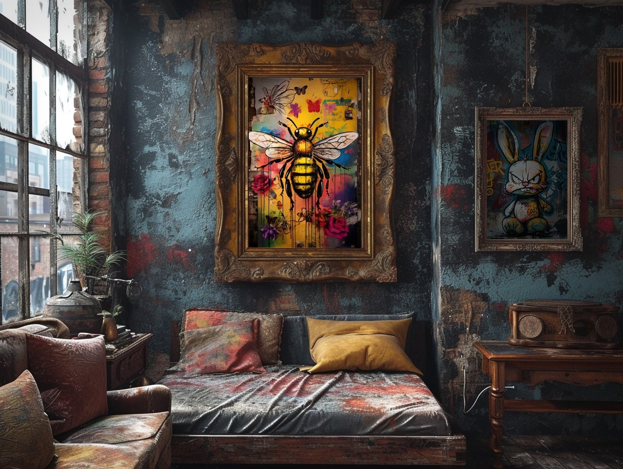 Urban Honeybee Art Print, Vibrant Bee Graffiti Decor, Modern Street Art ...