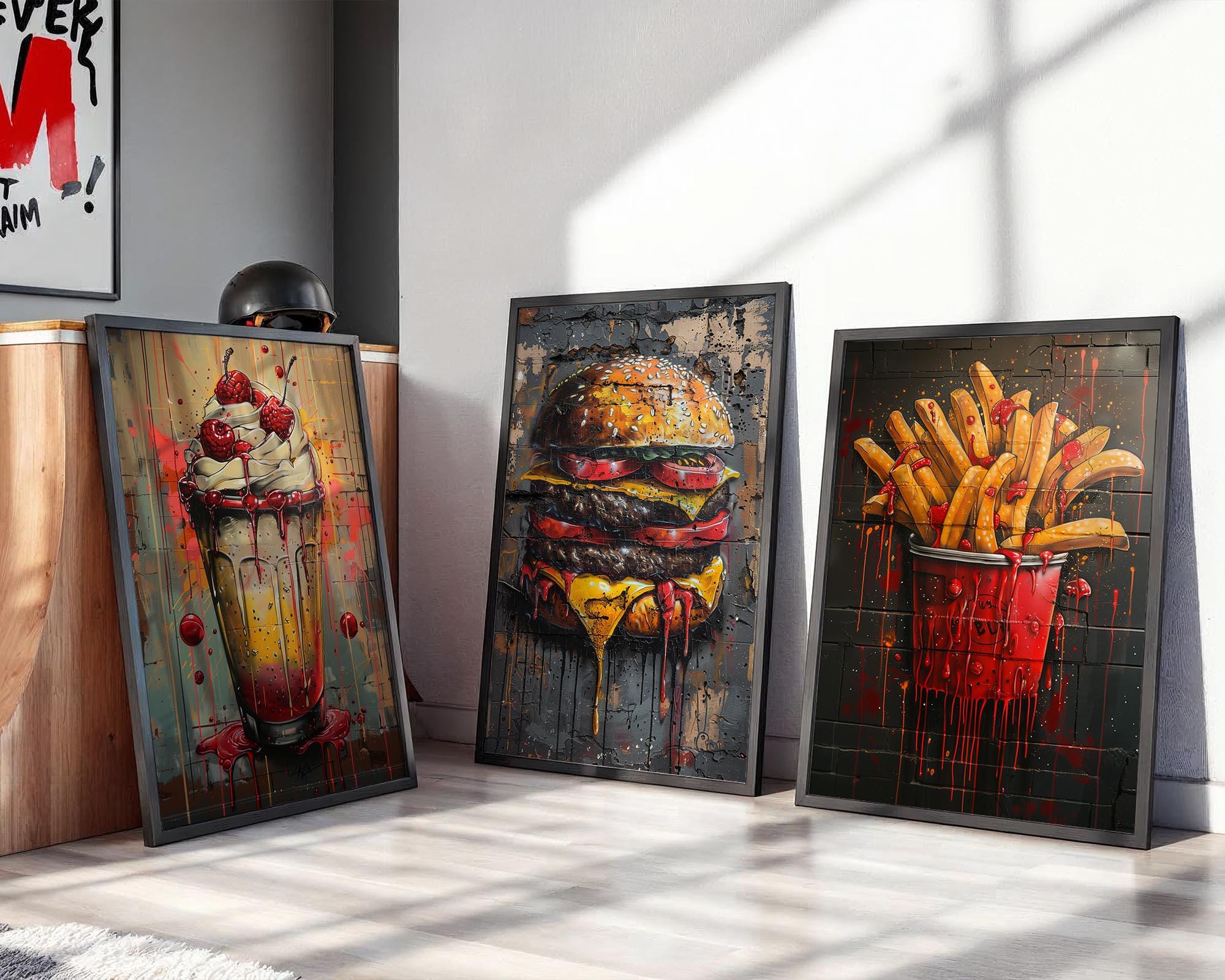 Set of 3 Graffiti Food Art Prints, Hamburger, French Fries, Milkshake ...
