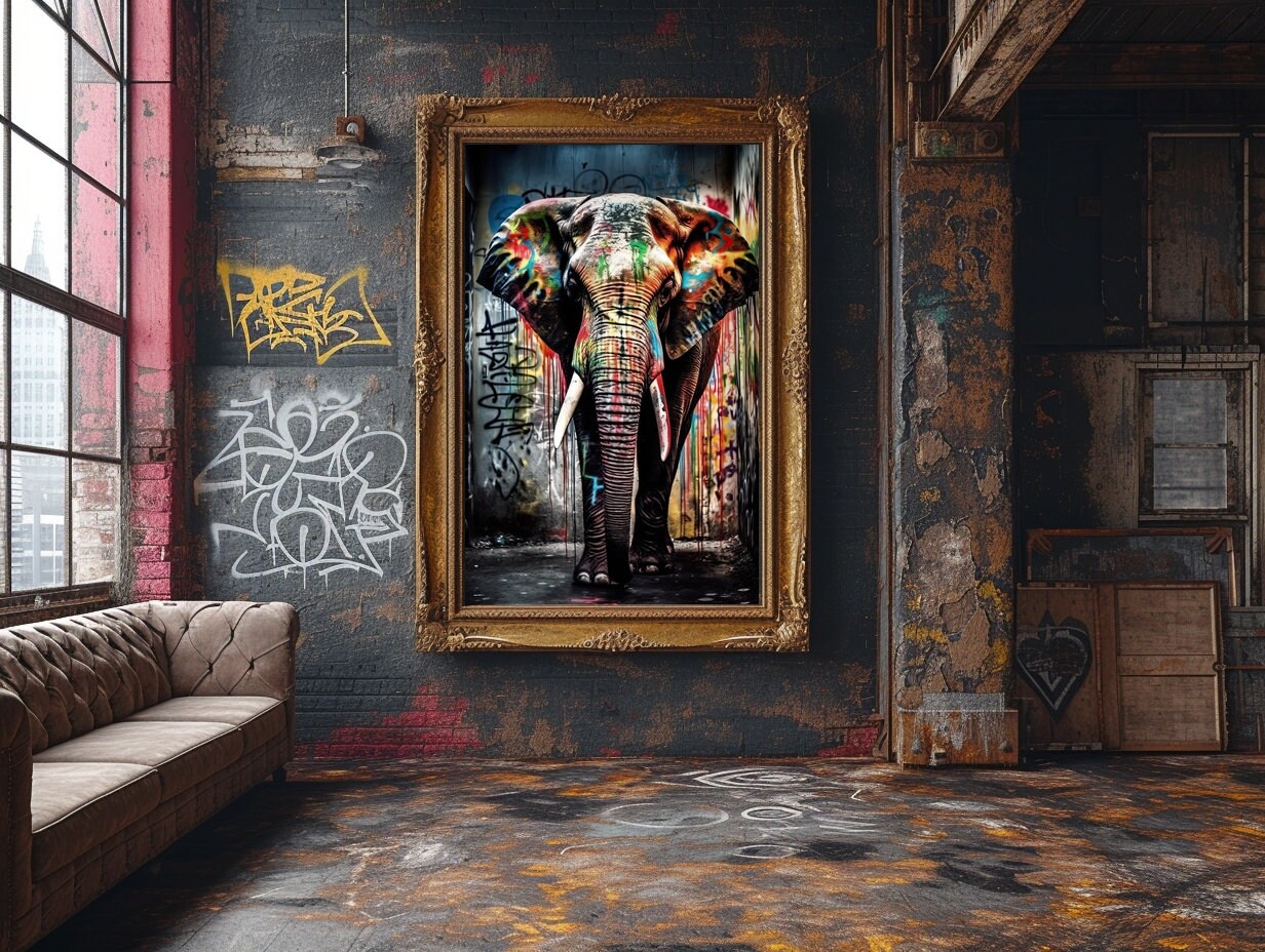 Elefant Graffiti Wandkunst, bedruckbares digitales Bild, Bunter Elefant-Wand-Dekor, Tier ...