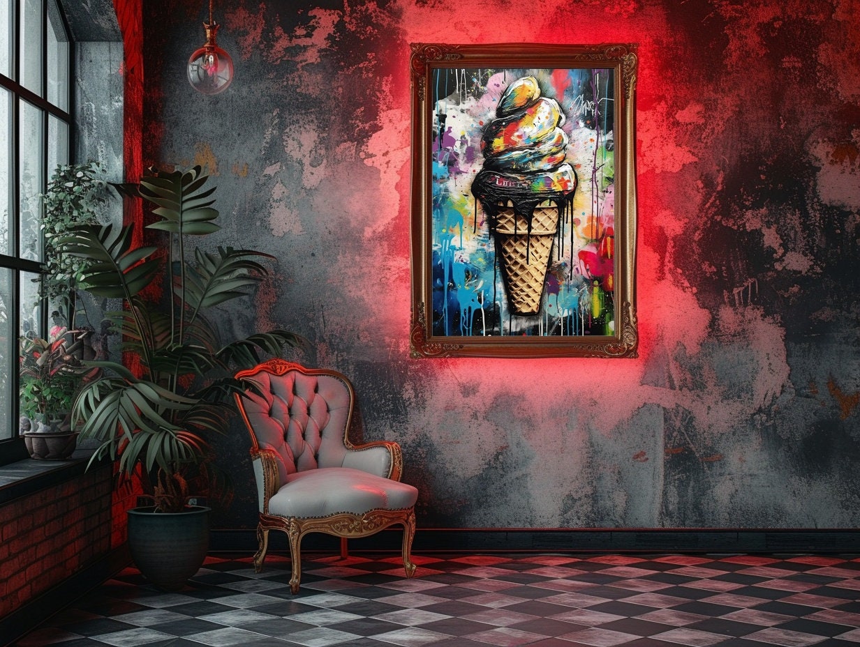 Urban Vanilla Ice Cream Cone Graffiti, Vibrant Street Art Digital Print ...