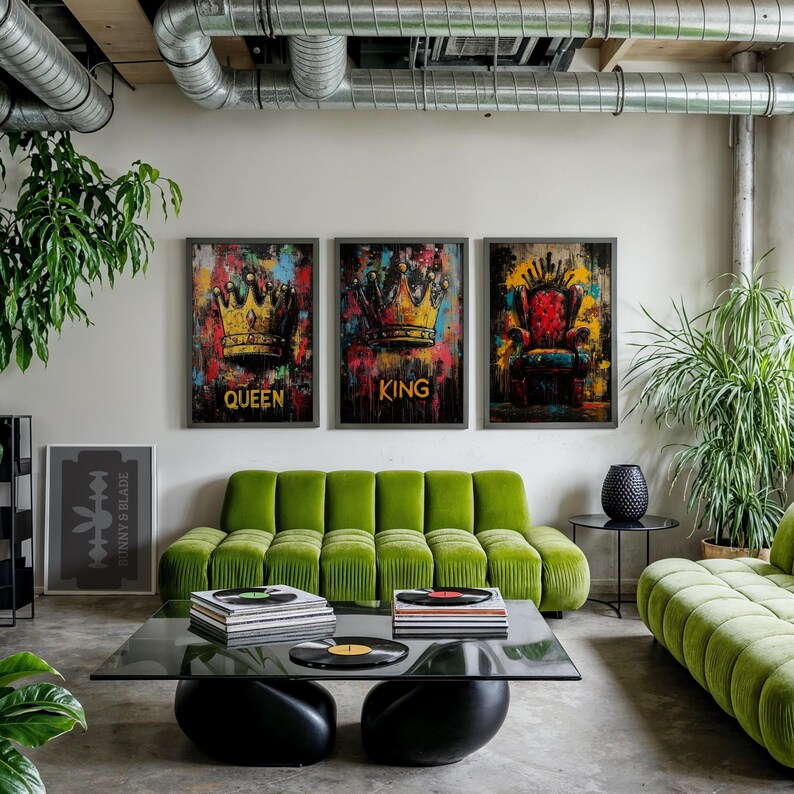 Crown Graffiti Wall Art Set of 3, King Queen Throne Prints, Urban ...