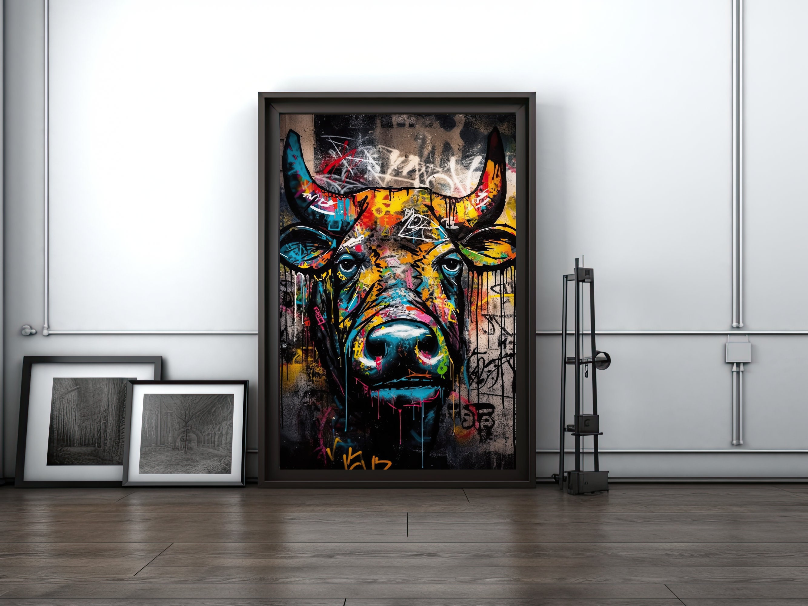 Bull Graffiti Wall Art, Animal Bull Art Graffiti Print, Modern, Urban ...