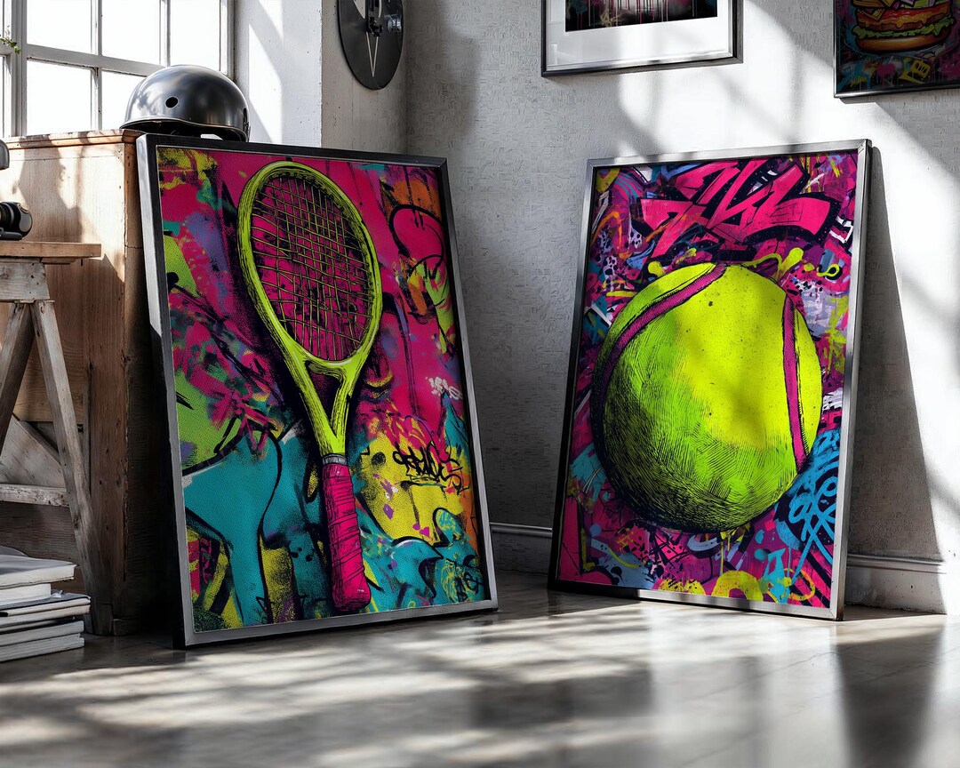 Pop Art Tennis Wall Art Set of 2, Graffiti Tennis Ball and Racket ...
