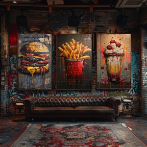 Set of 3 Graffiti Food Art Prints, Hamburger, French Fries, Milkshake ...