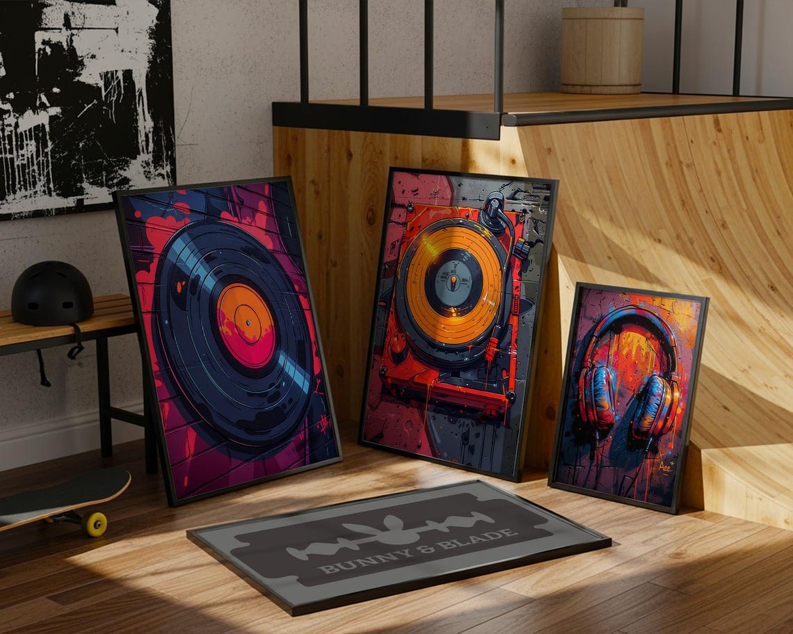 Music Graffiti Gallery Wall Set, Set of 3, Headphones, Vinyl Player ...