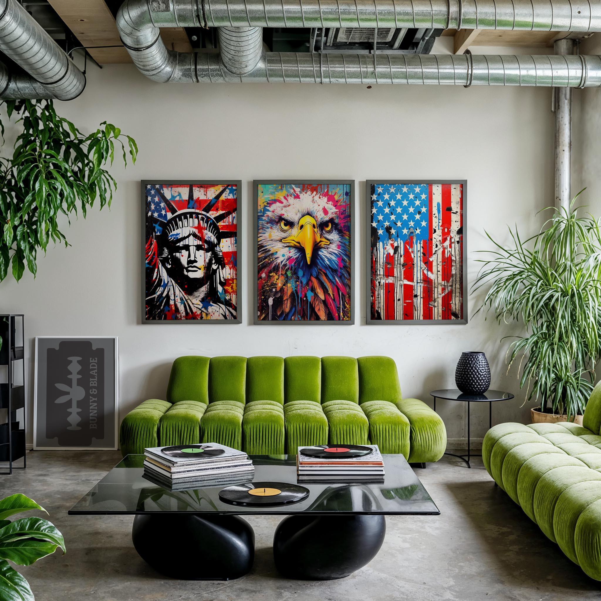 Set of 3 Iconic Graffiti Wall Art, American Flag, Statue of Liberty ...