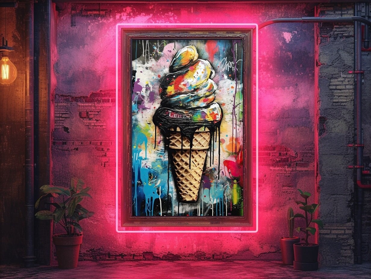 Urban Vanilla Ice Cream Cone Graffiti, Vibrant Street Art Digital Print ...