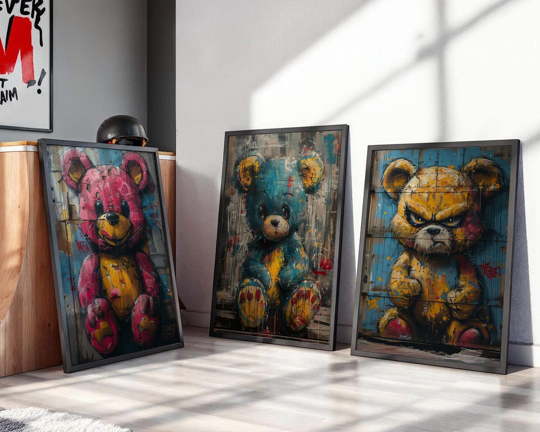 Teddy Bear Graffiti Gallery Wall Set, Set of 3, Bold Urban Wall Prints ...