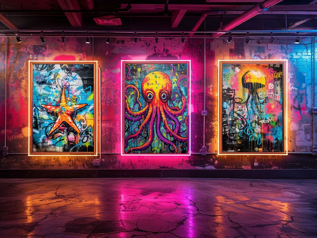 Set of 3 Graffiti Sea Art Prints, Octopus, Starfish, Jellyfish, Bold ...