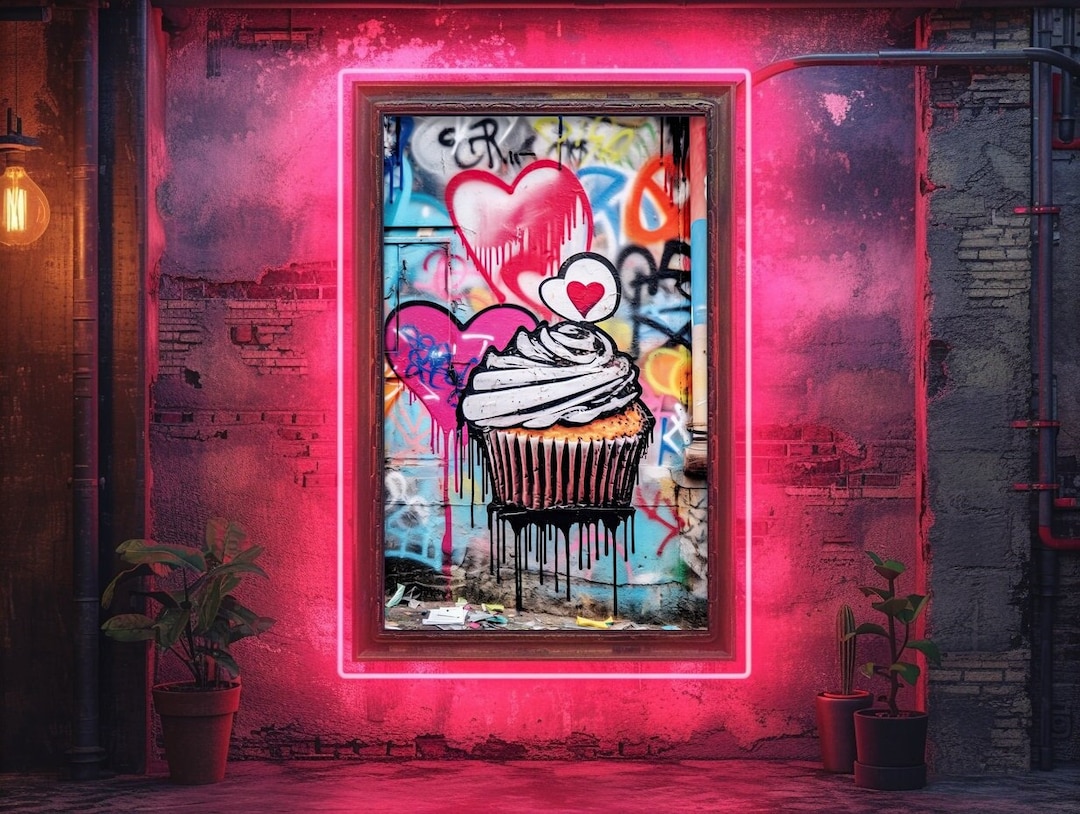 Chic Urban Cupcake Graffiti Print, Digital Kitchen Wall Art, Vibrant ...