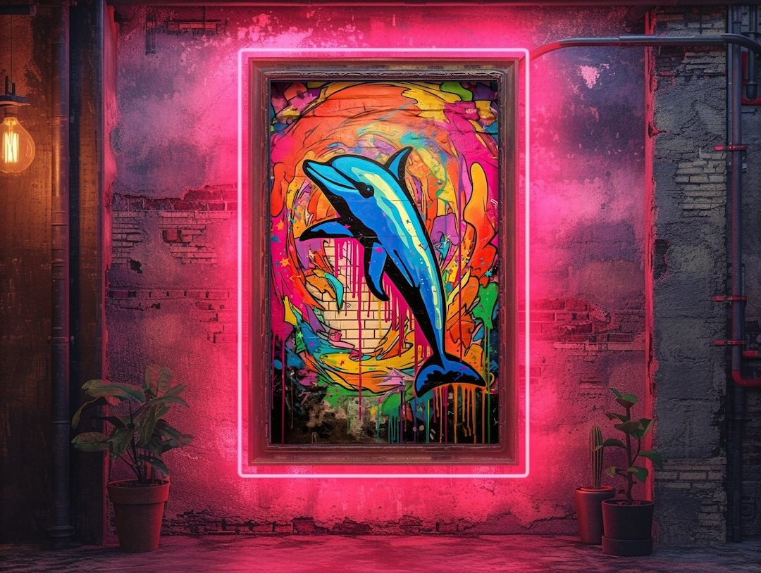 Dolphin Graffiti Wall Art, Oceanic Street Art, Modern Marine Life Decor ...