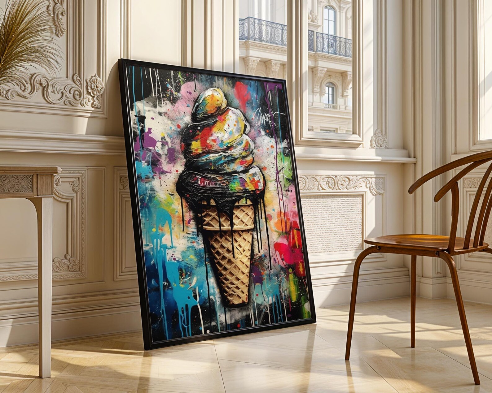 Urban Vanilla Ice Cream Cone Graffiti, Vibrant Street Art Digital Print ...