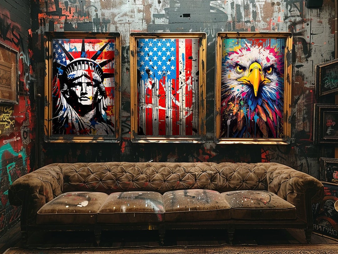 Set of 3 Iconic Graffiti Wall Art, American Flag, Statue of Liberty ...