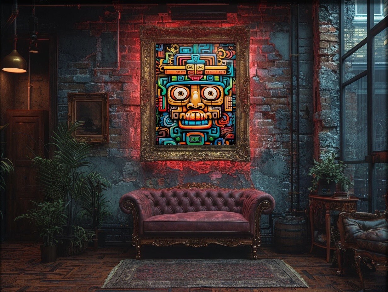 Aztec Face Graffiti Wall Art, Digital Download, Aztec Mythology Wall ...