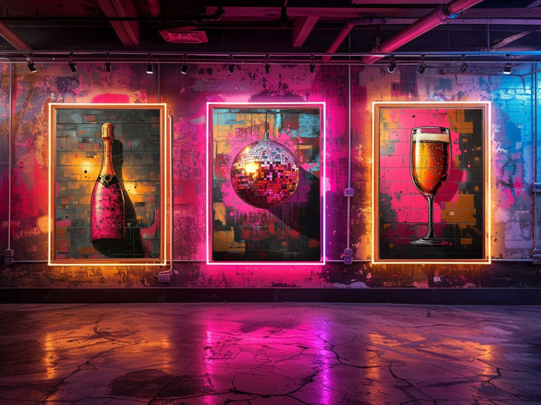 Graffiti Gallery Wall Set, Set of 3 Party Prints, Disco Ball, Champagne ...