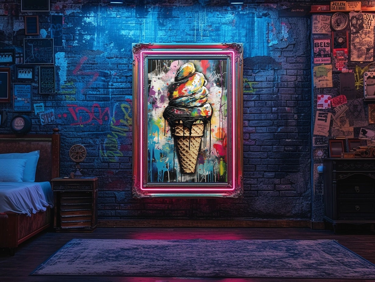 Urban Vanilla Ice Cream Cone Graffiti, Vibrant Street Art Digital Print ...