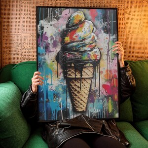 Urban Vanilla Ice Cream Cone Graffiti, Vibrant Street Art Digital Print ...