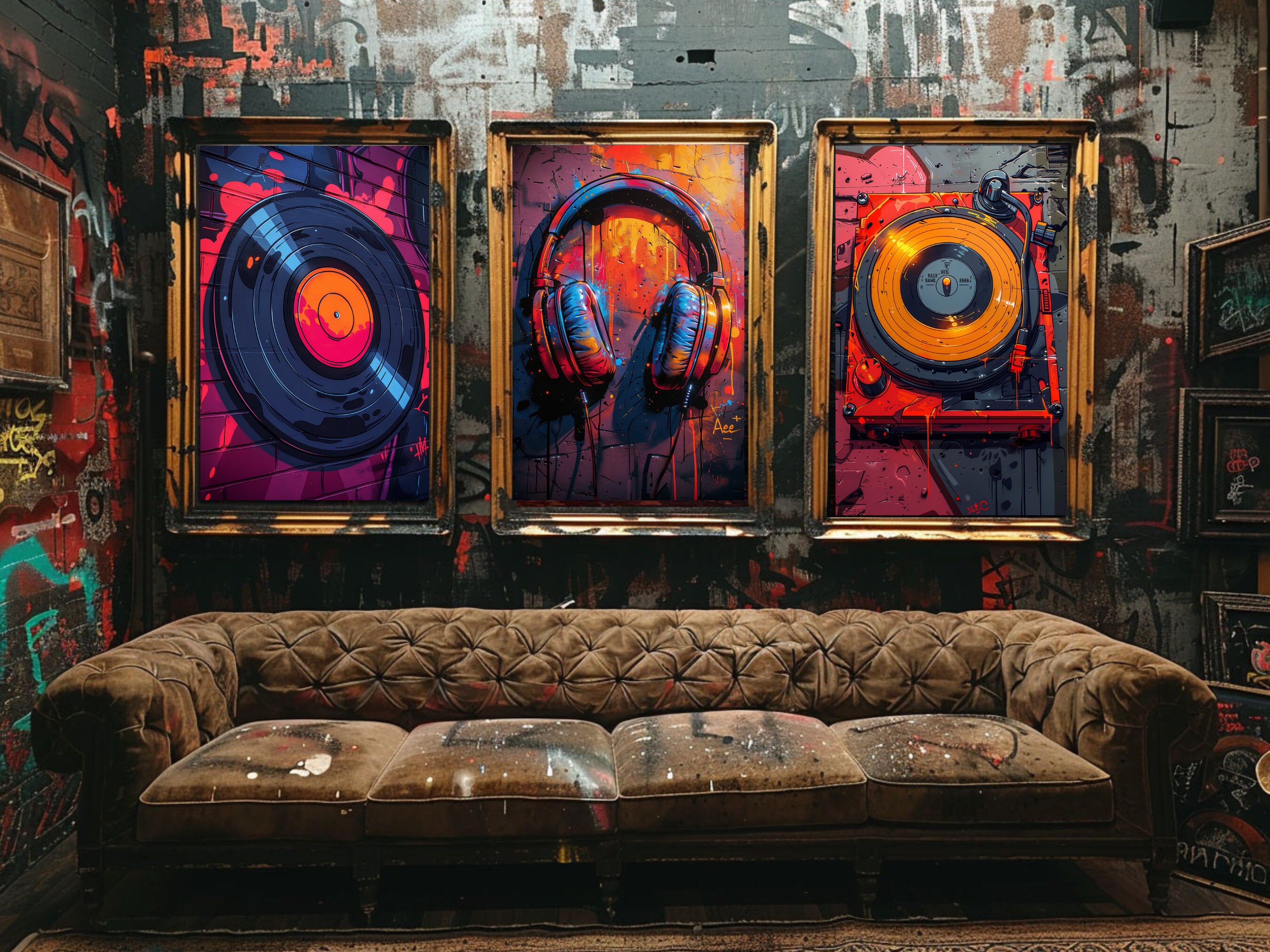 Music Graffiti Gallery Wall Set, Set of 3, Headphones, Vinyl Player ...
