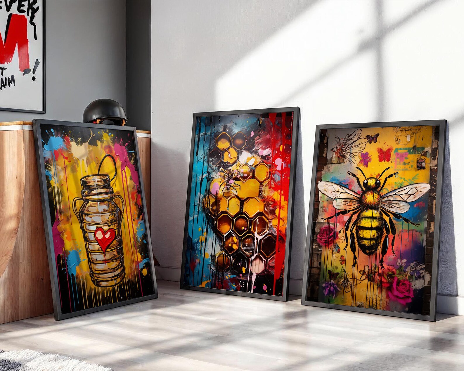 Graffiti Wall Set, Set of 3 Prints, Bee, Honeycomb, Honey Jar, Bold ...