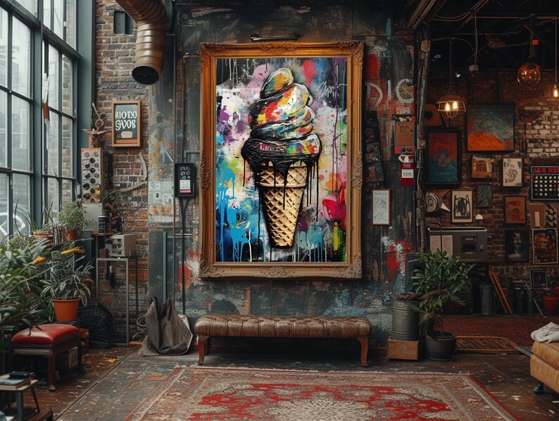 Urban Vanilla Ice Cream Cone Graffiti, Vibrant Street Art Digital Print ...